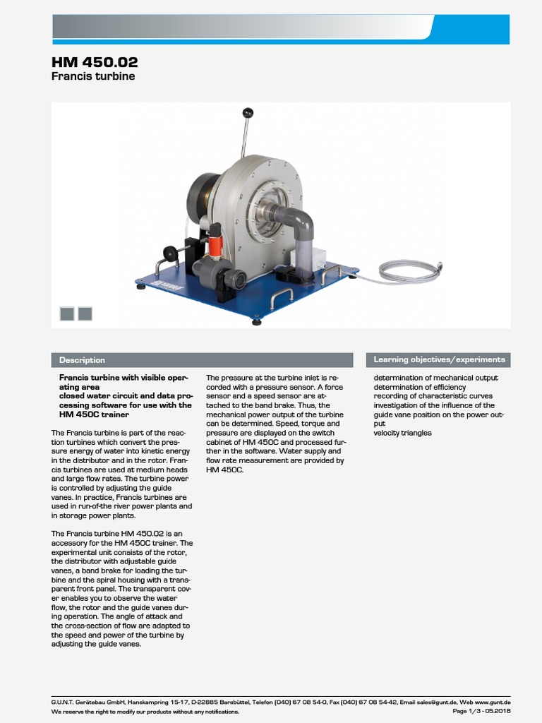 Gunt HM 450.02 Francis Turbine Datasheet | PDF | Turbine | Machines