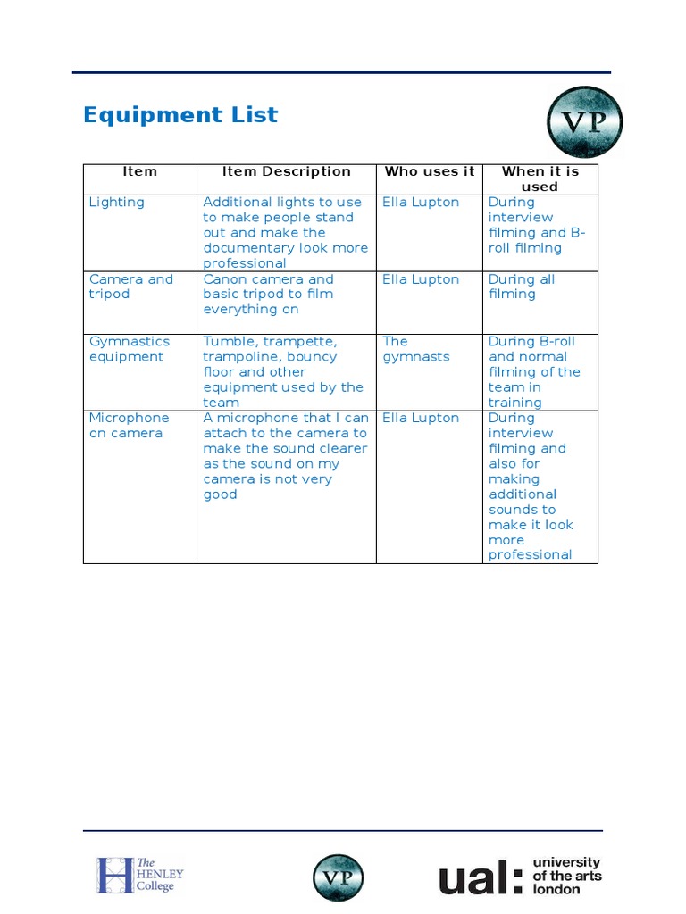 Equipment List | PDF