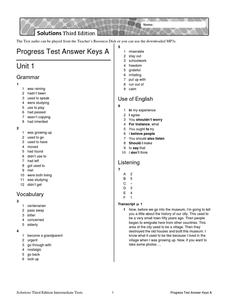 Progress Test Answer Keys A Unit 1: Grammar | PDF | Computer Keyboard ...