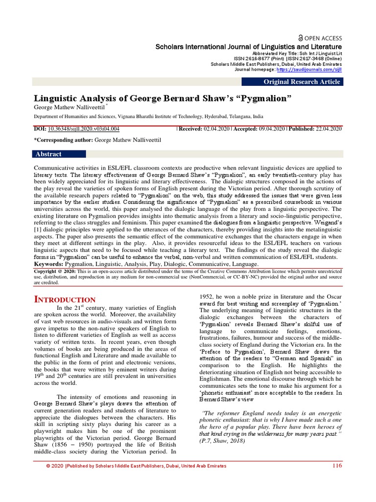 Linguistic Analysis of George Bernard Shaw's "Pygmalion" | PDF ...