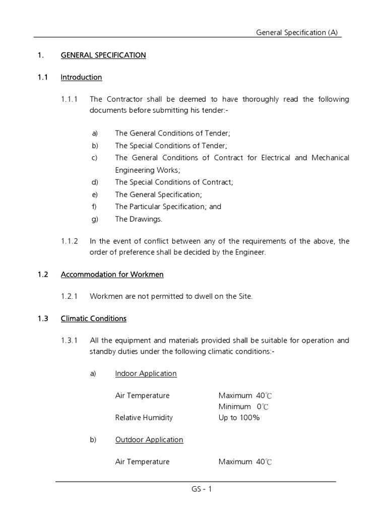 GS (A) - General Specification (A) For E&M Project | PDF | Electrical ...