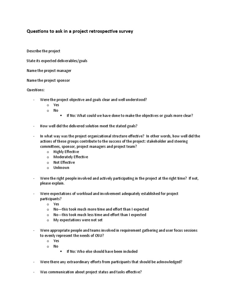 Project Retrospective Survey Questions | PDF | Goal | Leadership