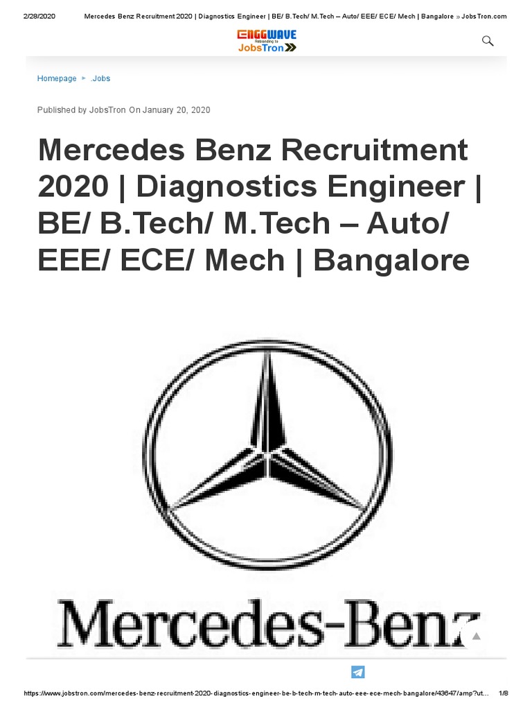 Mercedes Benz Recruitment 2020 - Diagnostics Engineer - BE - B.Tech - M ...