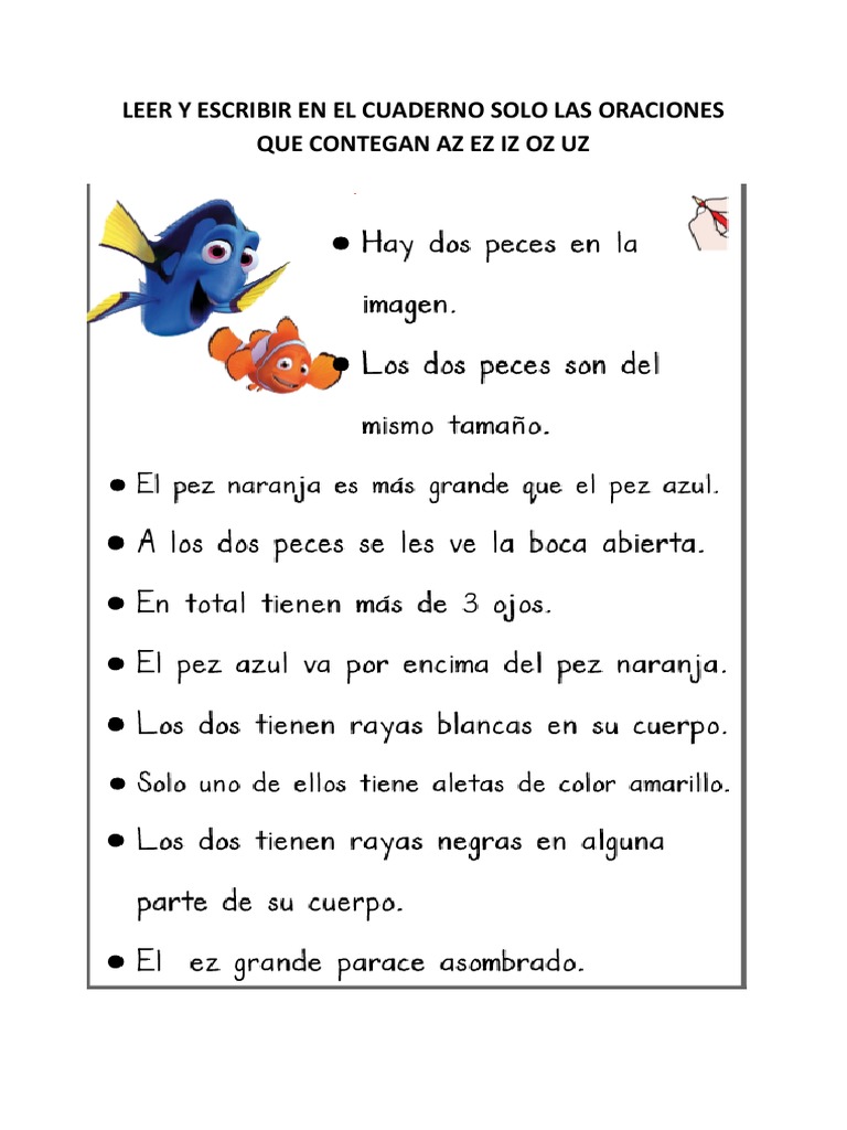 Leer y Escribir en El Cuaderno Solo Las Oraciones Que Contegan Az Ez Iz ...