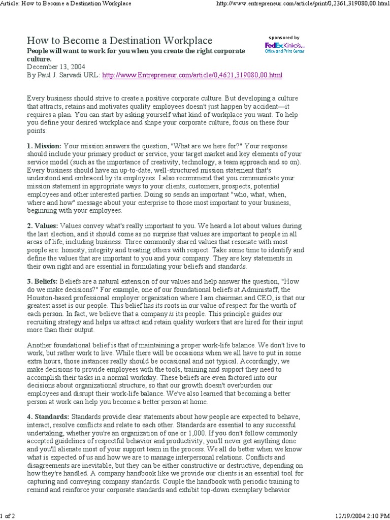 Article - How To Become A Destination Workplace PDF | PDF ...