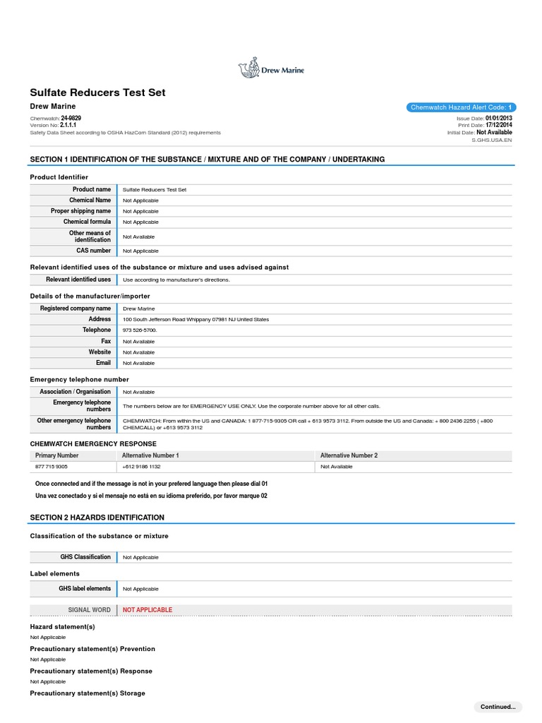 Sulfate Reducers Test Set - MSDS | PDF | Dangerous Goods | Fires