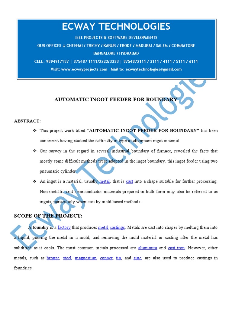 Ecway Technologies: Automatic Ingot Feeder For Boundary | PDF | Foundry | Ingot