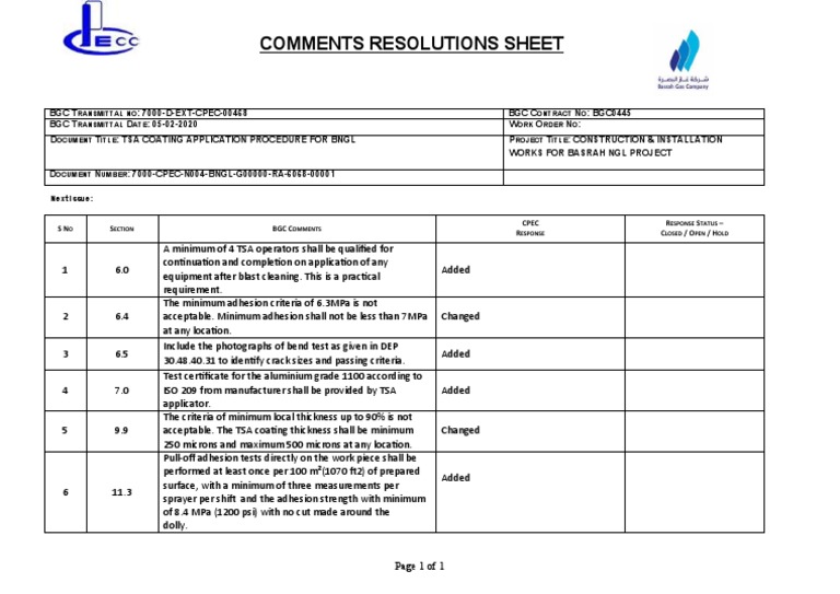 Comments Resolutions Sheet | PDF | Materials | Industrial Processes