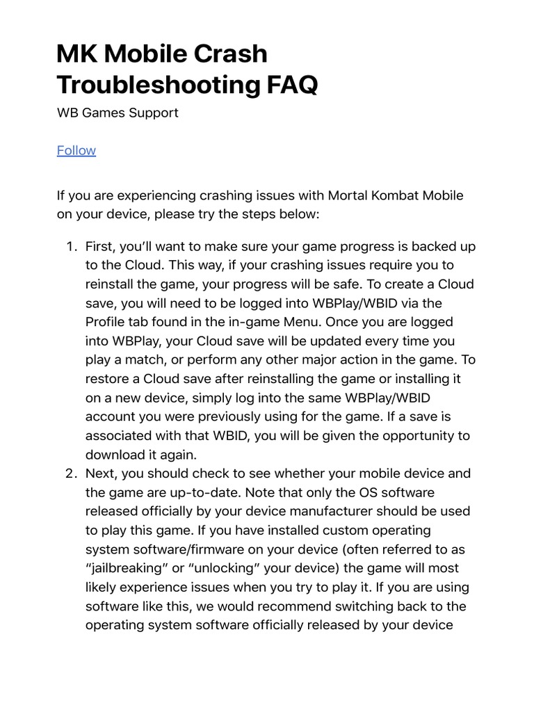 MK Mobile Crash Troubleshooting FAQ - Mortal Kombat Games | PDF ...