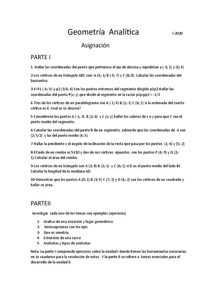 Geometr C3 ADa Anal C3 ADtica 2020 Asignacion I | PDF