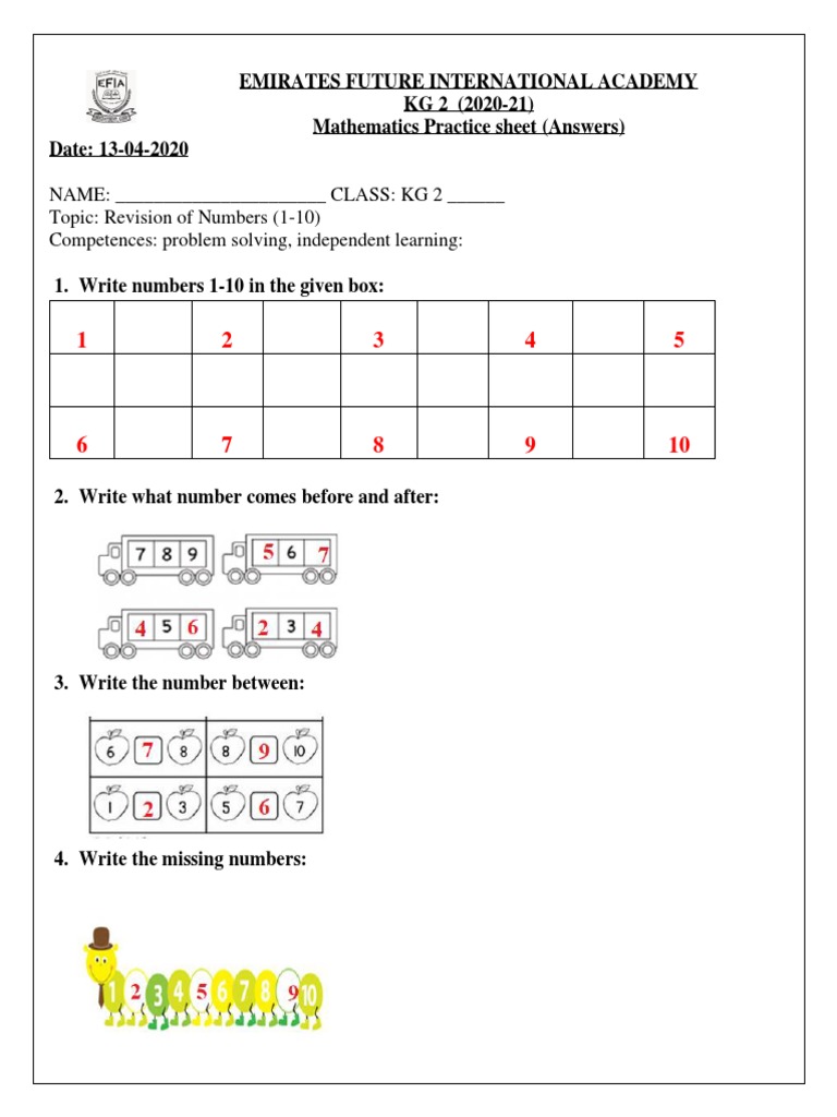 NAME: - CLASS: KG 2 - Topic: Revision of Numbers (1-10) Competences ...