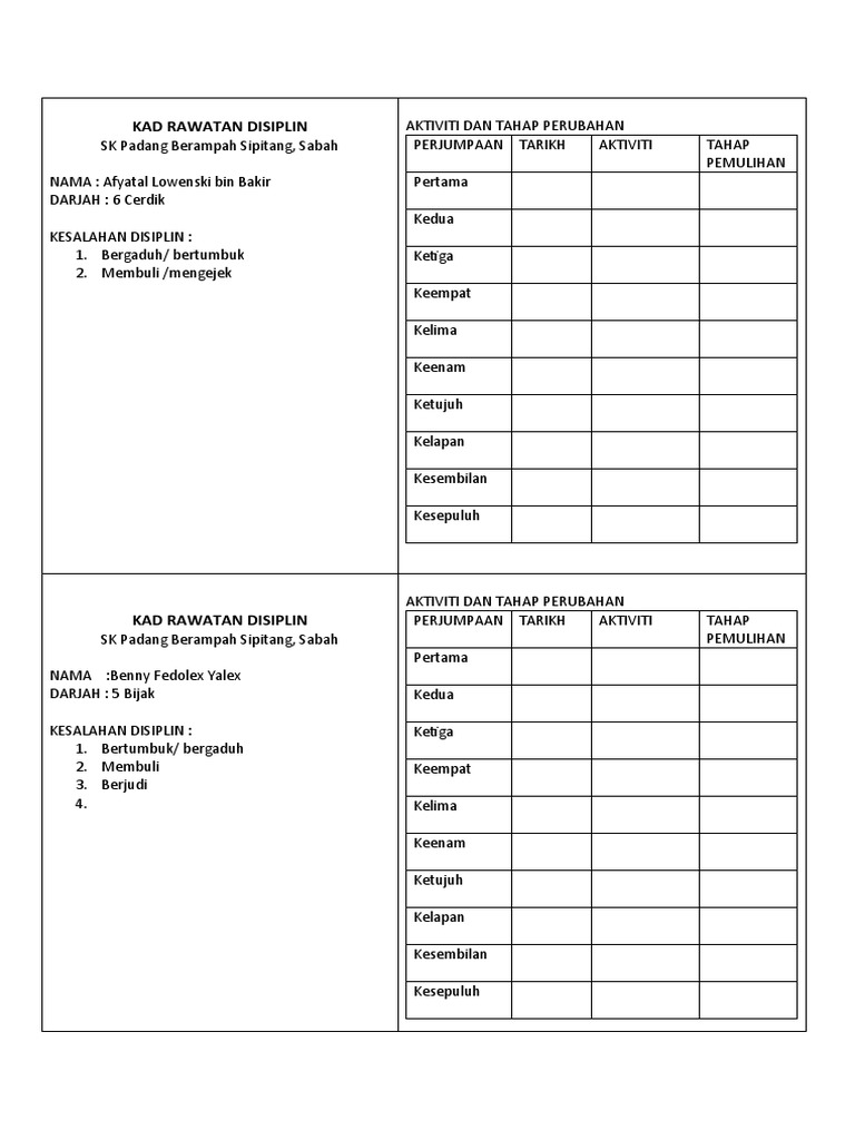Kad Rawatan Disiplin Murid | PDF