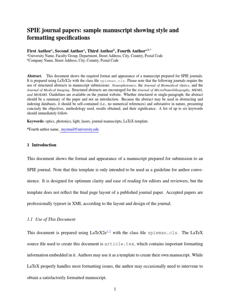 SPIE Journal Papers: Sample Manuscript Showing Style and Formatting ...