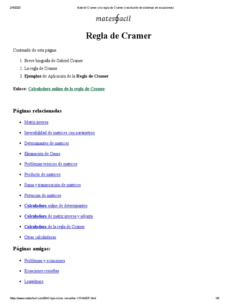 Gabriel Cramer y La Regla de Cramer (Resolución de Sistemas de Ecuaciones) | PDF | Determinante ...
