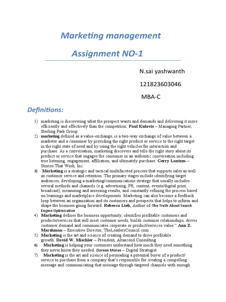 Marketing Management Assignment NO-1: Definitions | PDF | Sales | Marketing