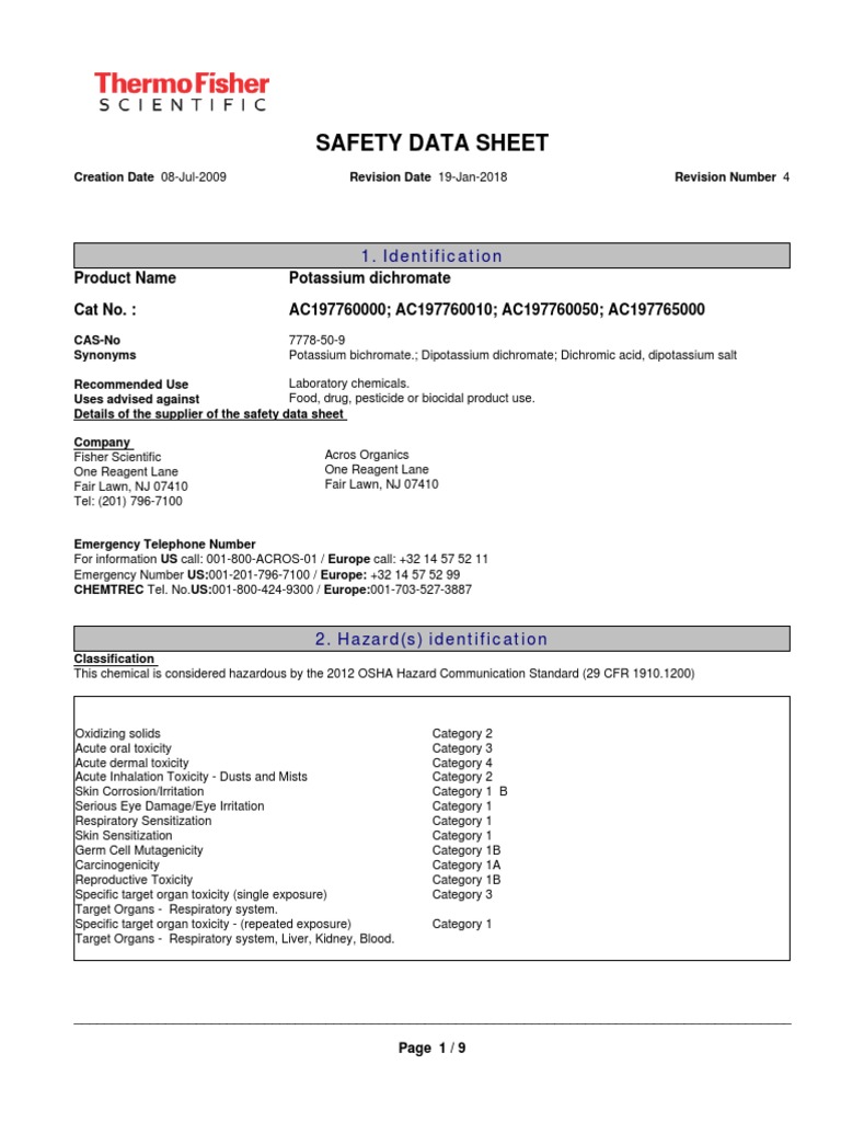 MSDS Potassium Dichromate | PDF | Firefighting | Toxicity