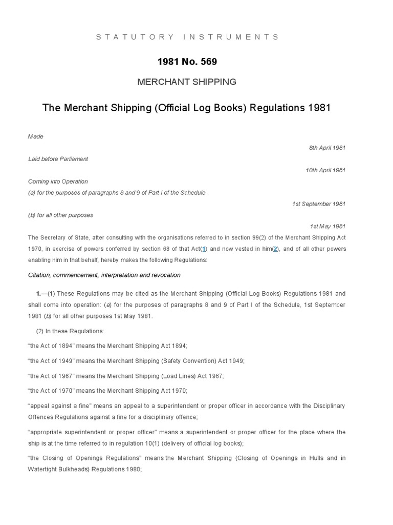 Merchant Shipping Log Book Regulations 1981 | PDF | Tonnage | Sailor