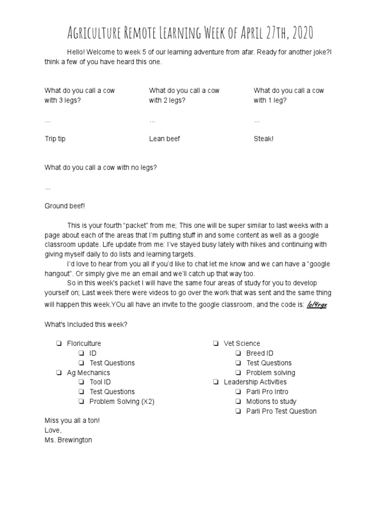 Agriculture Remote Learning Packet April 2020 | PDF | Gallon | Kilowatt ...