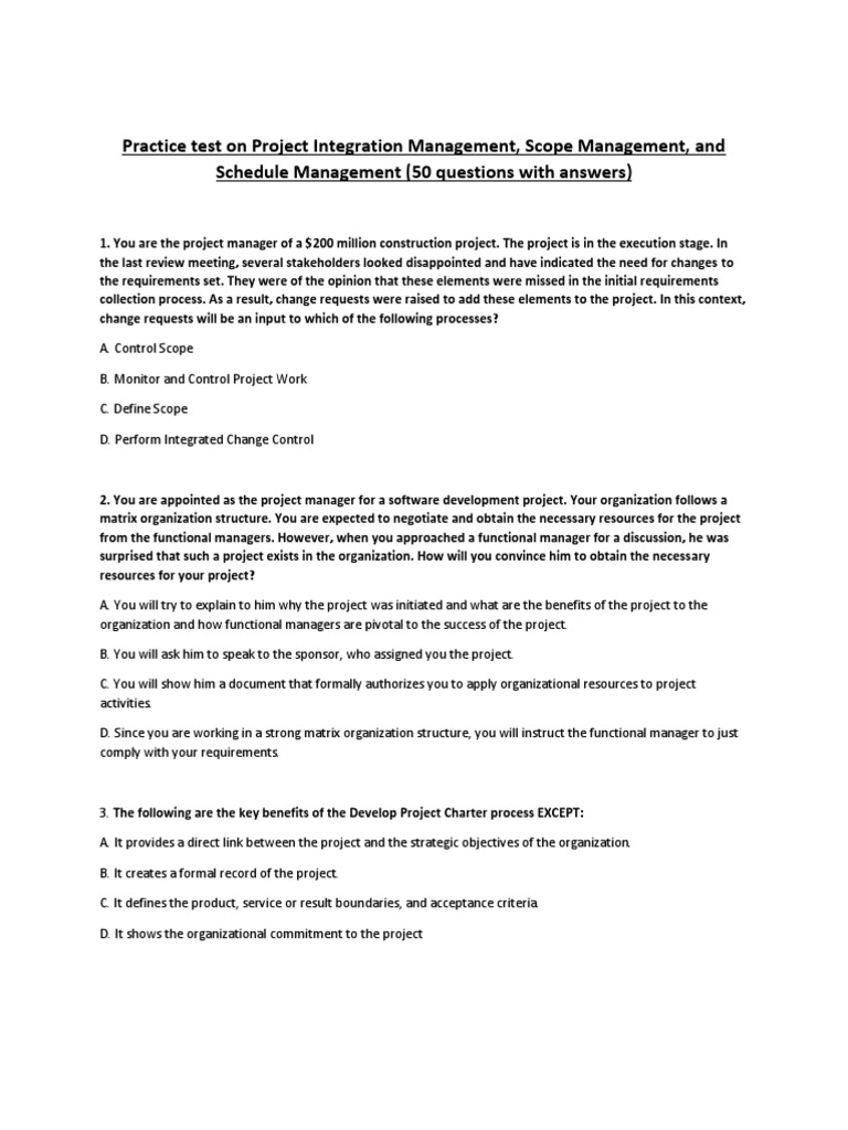 Practice Test On Project Integration Management, Scope Management, and ...