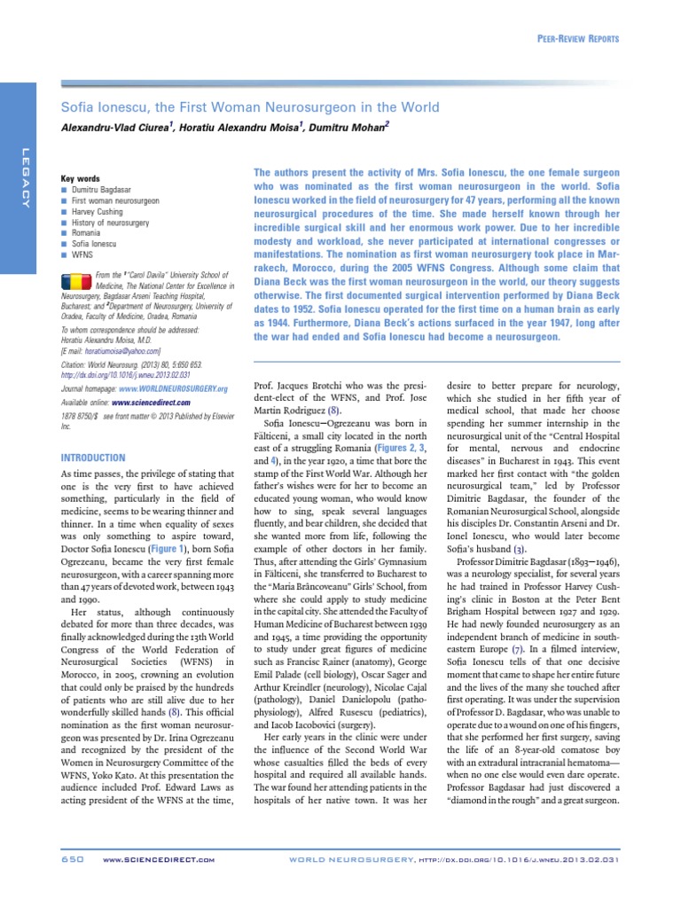 Sofia Ionescu, The First Woman Neurosurgeon in The World | PDF ...
