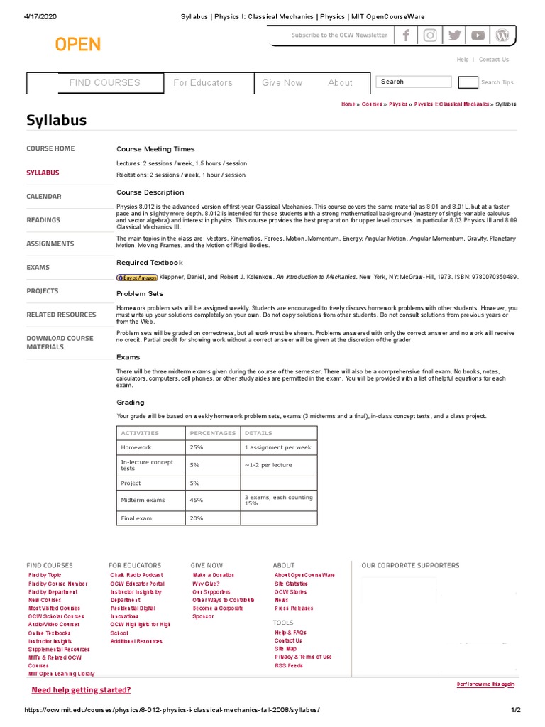Syllabus - Physics I - Classical Mechanics - Physics - MIT ...