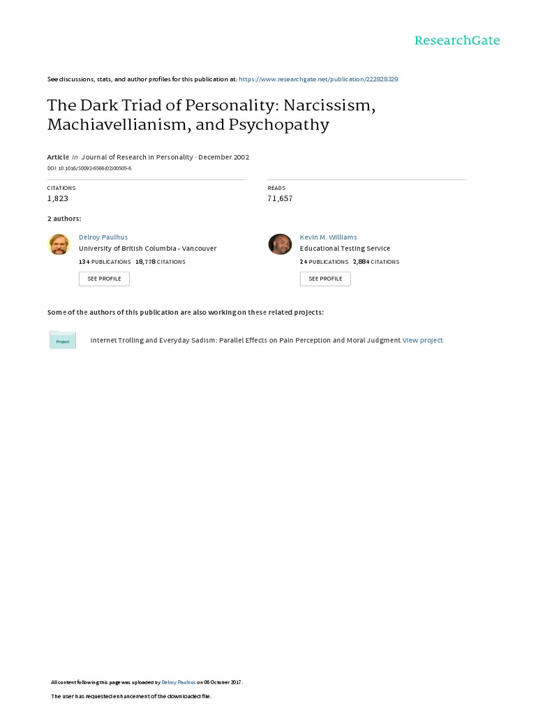 Dark Triad: Narcissism, Machiavellianism, Psychopathy | PDF | Dark ...