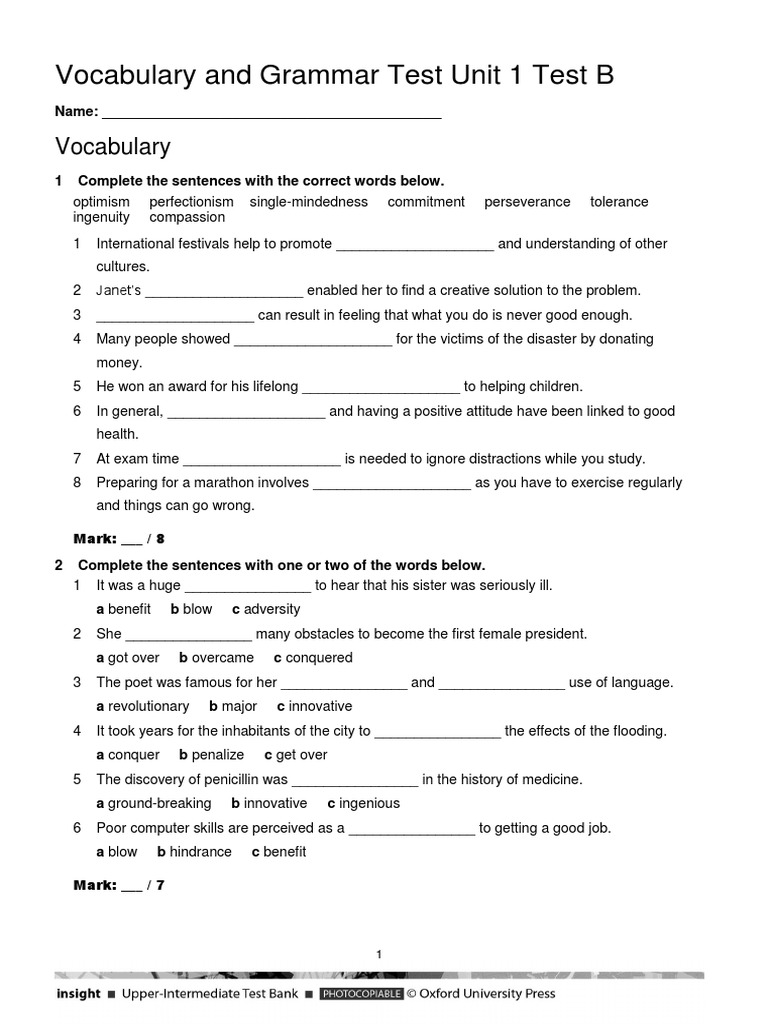 Vocabulary and Grammar Test Unit 1 B | PDF | Cognitive Science | Cognition