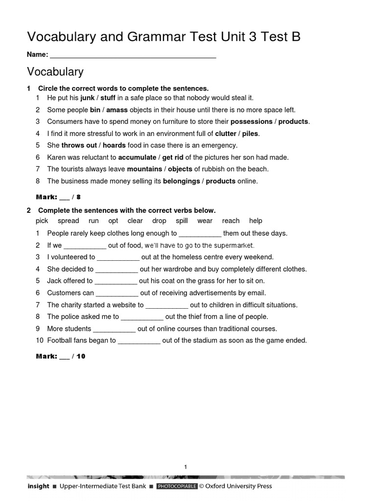 Unit 3 Vocabulary and Grammar Test B | PDF | Home & Garden