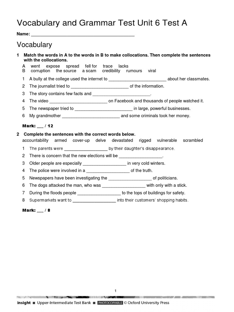 Unit 6 Vocabulary and Grammar Test A | PDF | Foreign Language Studies