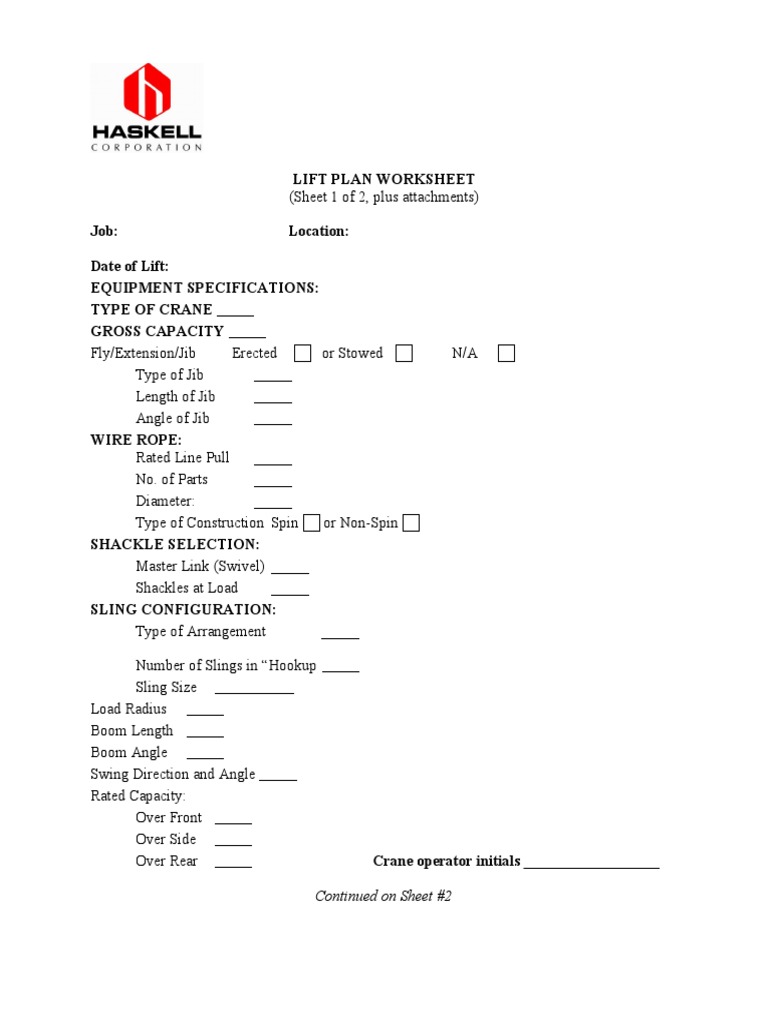 Lift Plan Worksheet: Continued On Sheet #2 | PDF | Crane (Machine ...