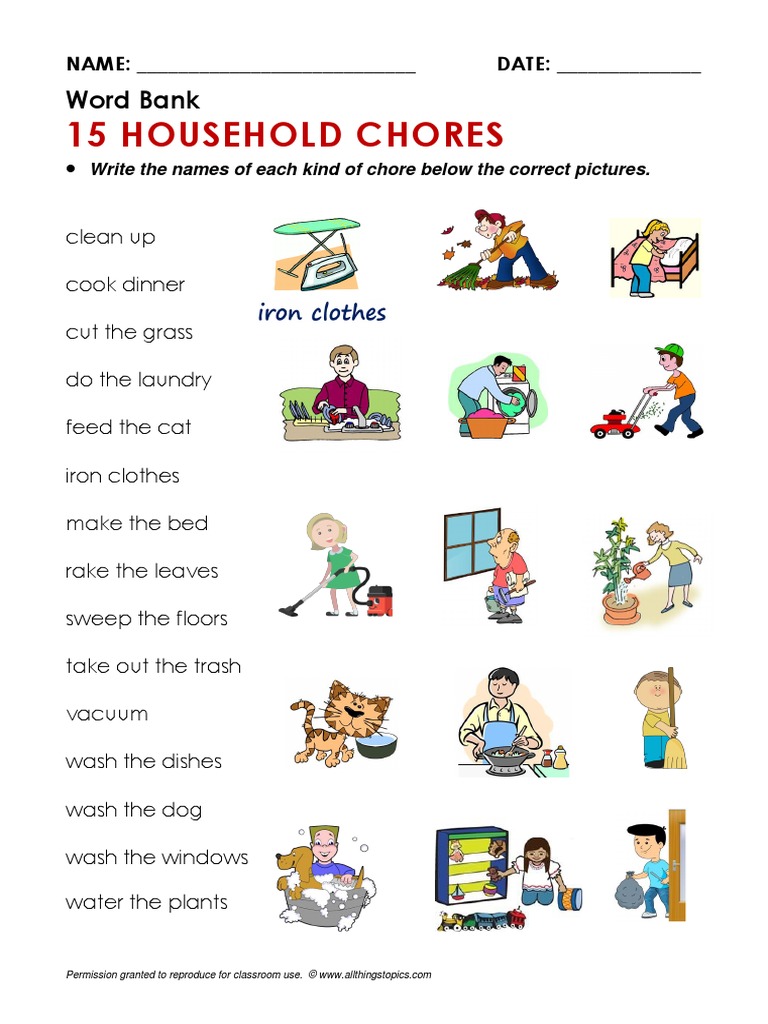 15 Household Chores: Word Bank | PDF | Housekeeping | Home