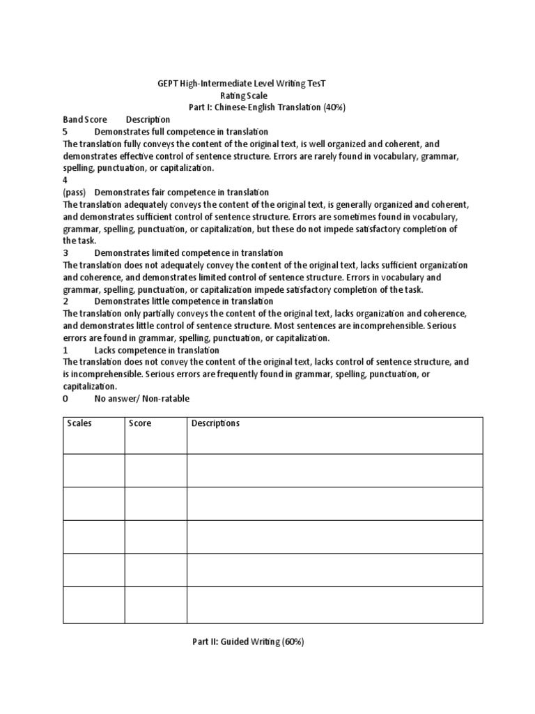 GEPT 中高級寫評分標準 | PDF | Translations | Vocabulary