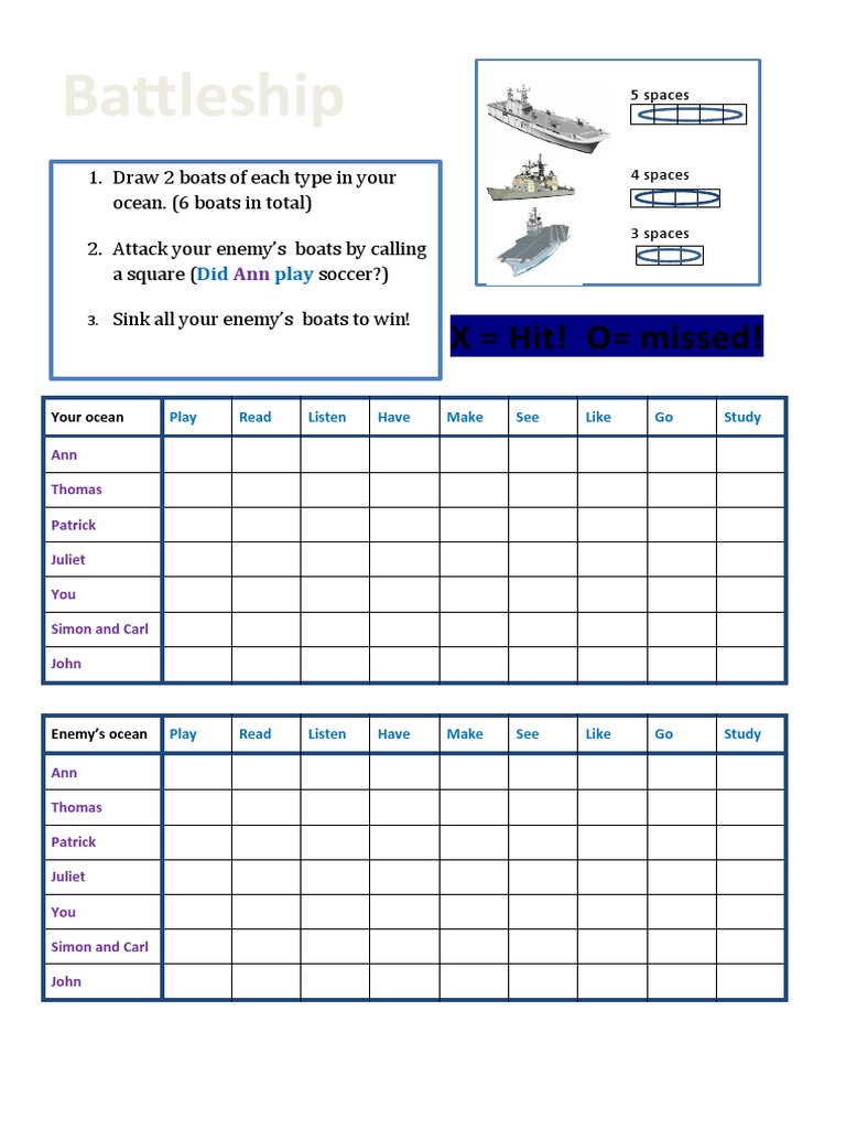 Battleship Simple Past Fun Activities Games Games Oneonone Activities ...