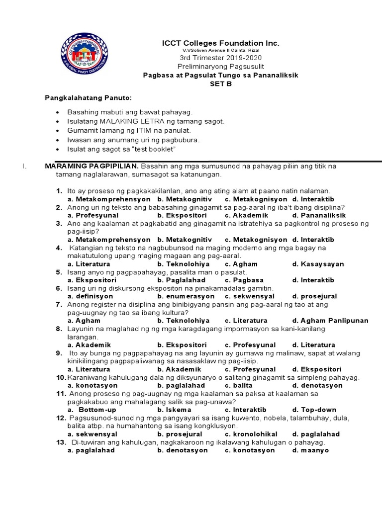 Preliminaryong Pagsusulit Set B | PDF