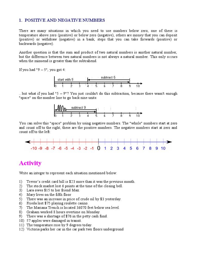 Activity: 1. Positive and Negative Numbers | PDF | Multiplication | Integer