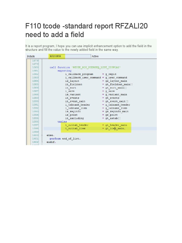 Standard Report Rfzali20 Need To Add A Field Pdf