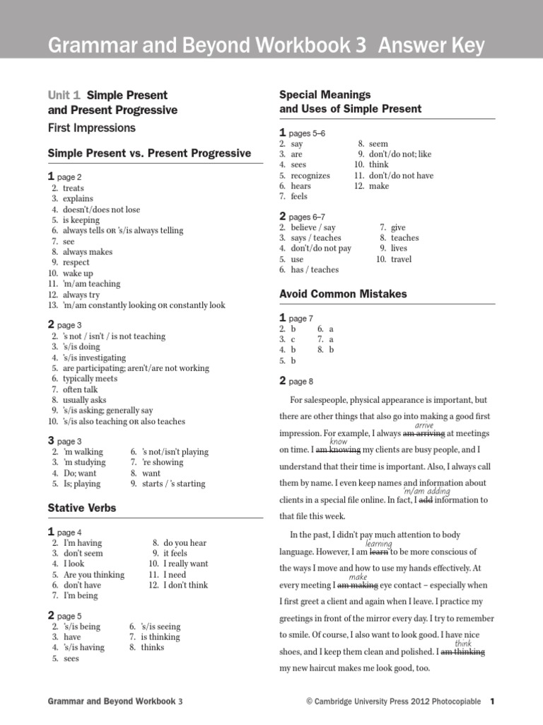 Grammar and Beyond Workbook 3 Answer Key: Unit 1 | PDF | Security ...