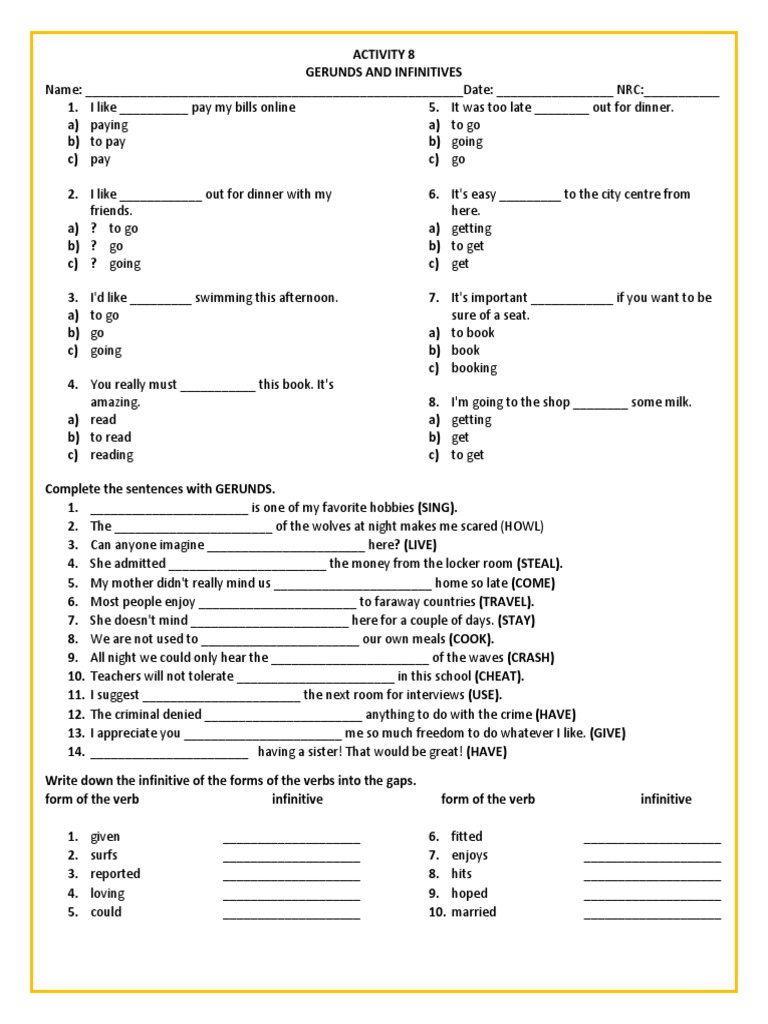 Activity 8 Gerunds and Infinitives | PDF | Onomastics | Syntax