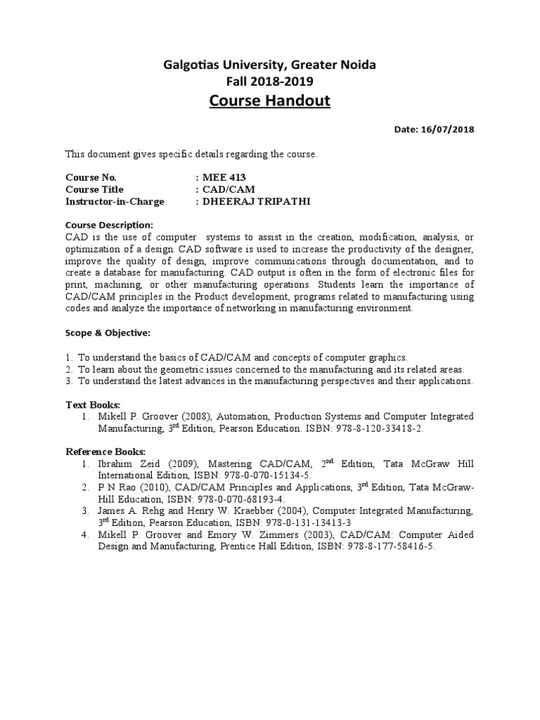 CAD/CAM Course Handout MEE 413 | PDF | Computer Aided Design | 3 D ...