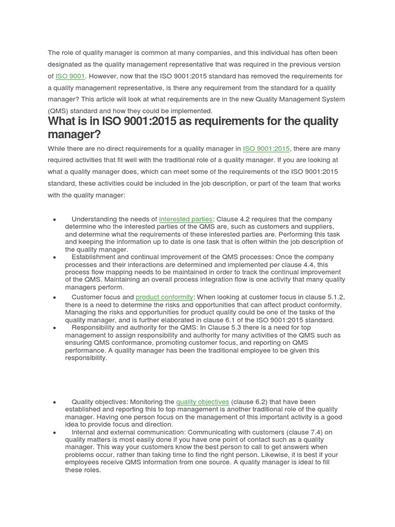Role of Quality Manager | Download Free PDF | Quality Management System ...