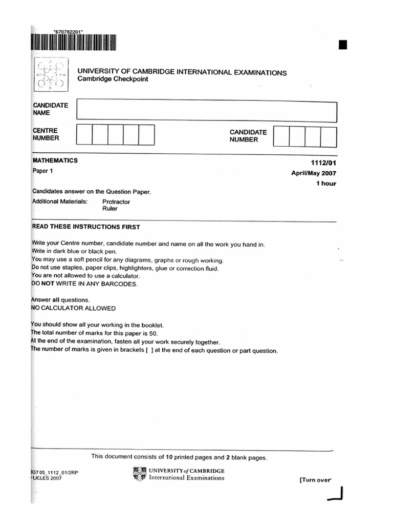 Secondary Checkpoint - Math (1112) April 2007 Paper 1 | PDF
