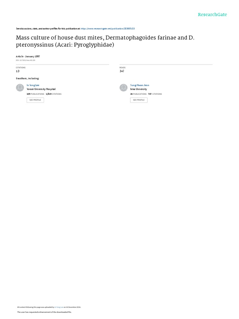 Mass Culture of House Dust Mites, Dermatophagoides Farinae and D ...