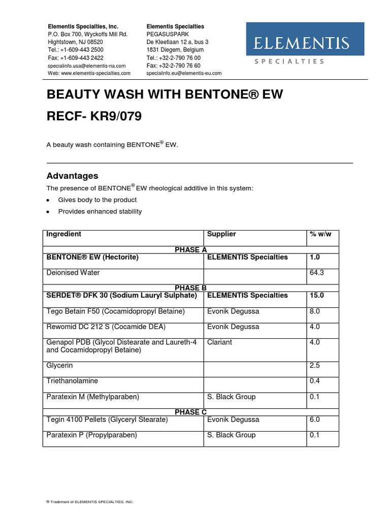 Beauty Wash With Bentone® Ew PDF | PDF | Chemical Substances | Chemical ...