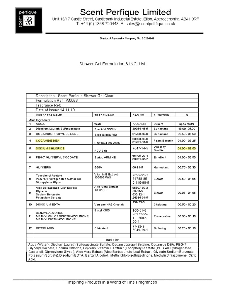 Clear Shower Gel Formulation Details | PDF | Glycerol | Surfactant