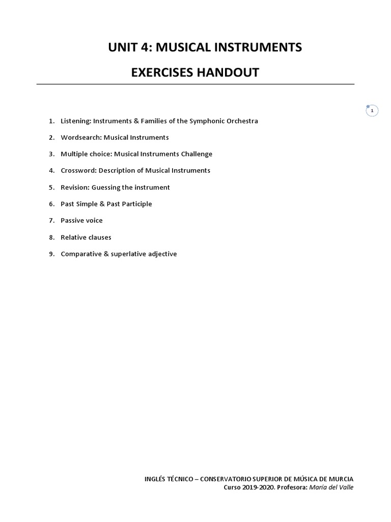 Unit 4: Musical Instruments Exercises Handout | PDF | Cor Anglais ...