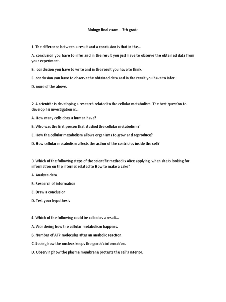 7th Grade Biology Final Exam Guide | PDF | Metabolism | Citric Acid Cycle
