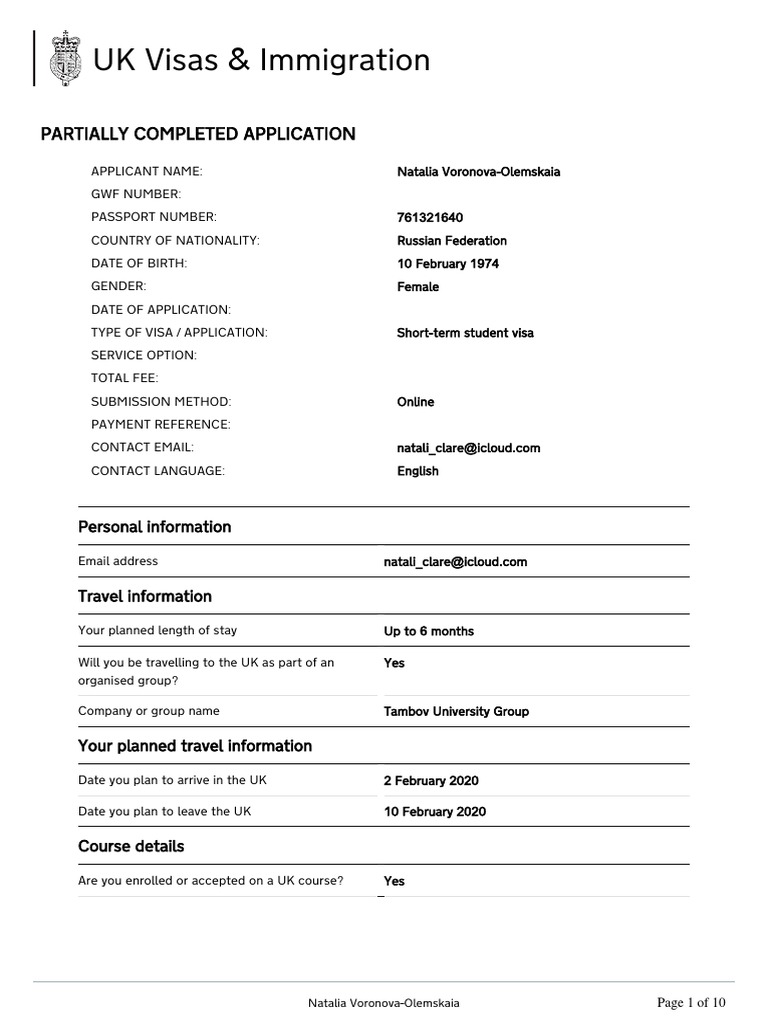 UK Visas & Immigration: Partially Completed Application | PDF | Travel ...