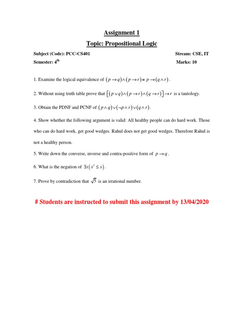 Propositional Logic Assignment | PDF | Teaching Methods & Materials