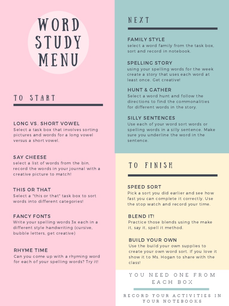 Word Study Menu: Family Style | PDF | Orthography | Symbols