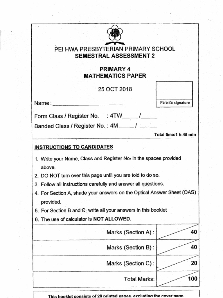 P4 Maths 2018 SA2 Pei Hwa Presbyterian Exam Paper | PDF